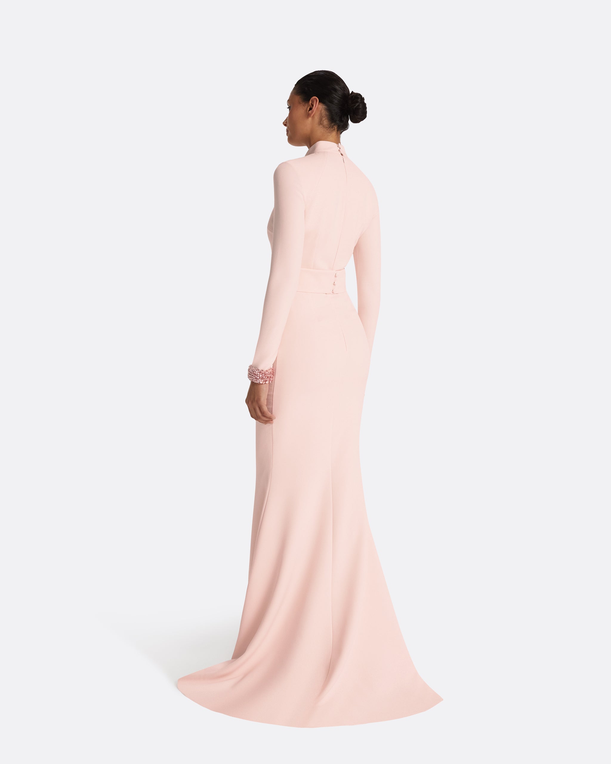 Kamala Pale Pink & Curled Leaf Embroidery Long Dress – Safiyaa London