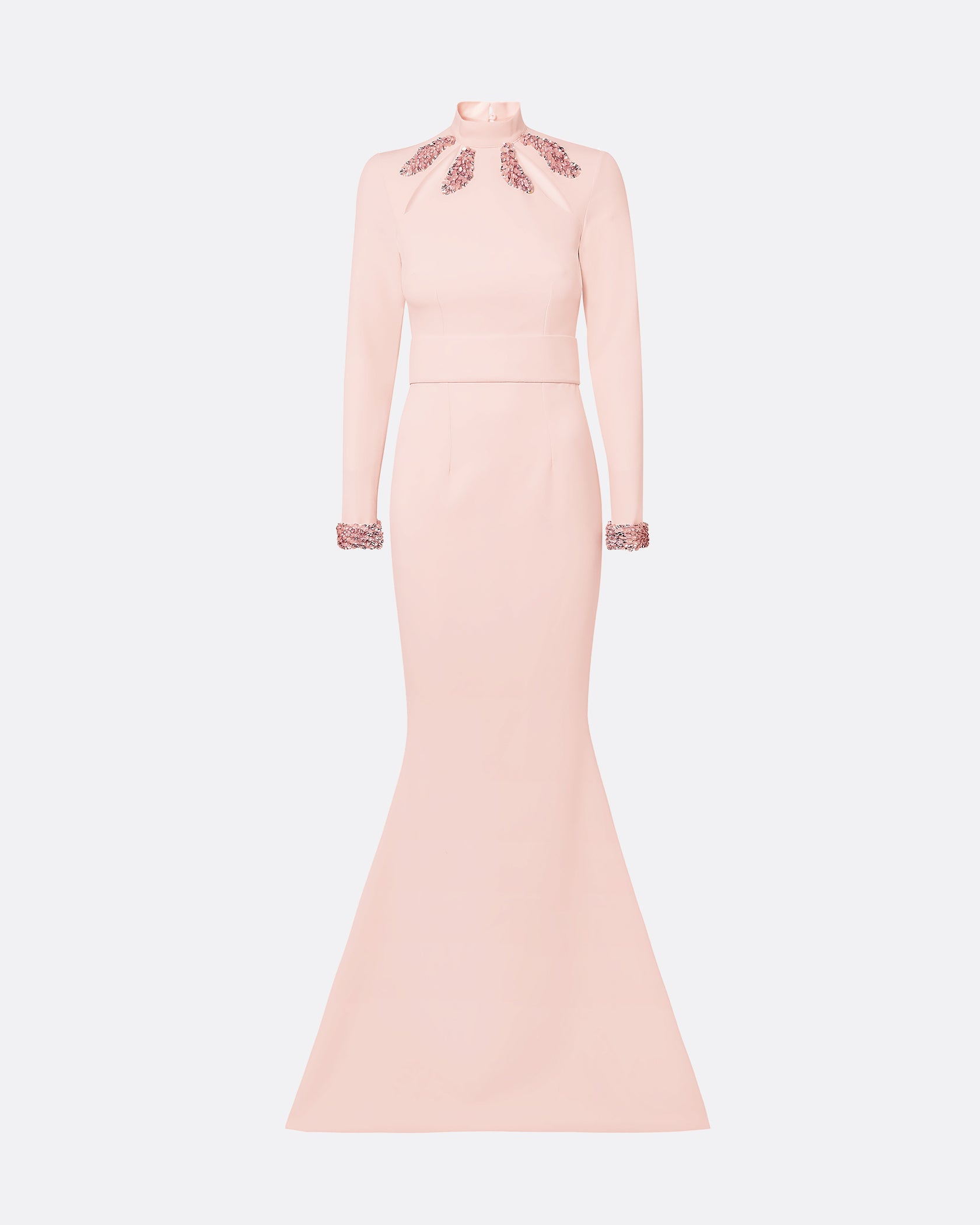 Kamala Pale Pink & Curled Leaf Embroidery Long Dress – Safiyaa London