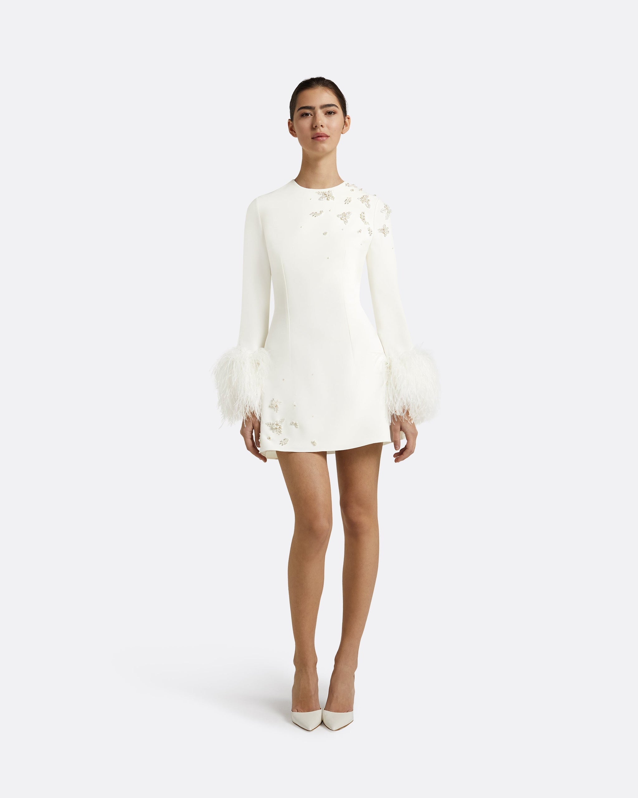 Rena Ivory Feather-trimmed Short Dress – Safiyaa London