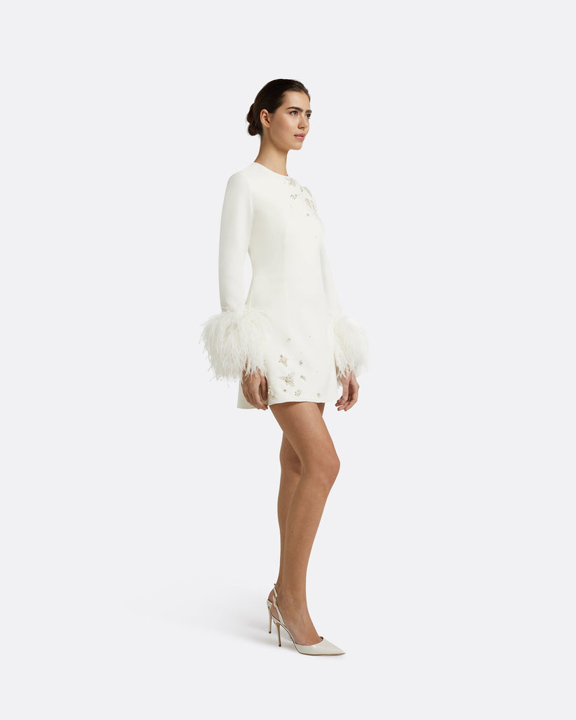 Rena Ivory Feather-trimmed Short Dress – Safiyaa London