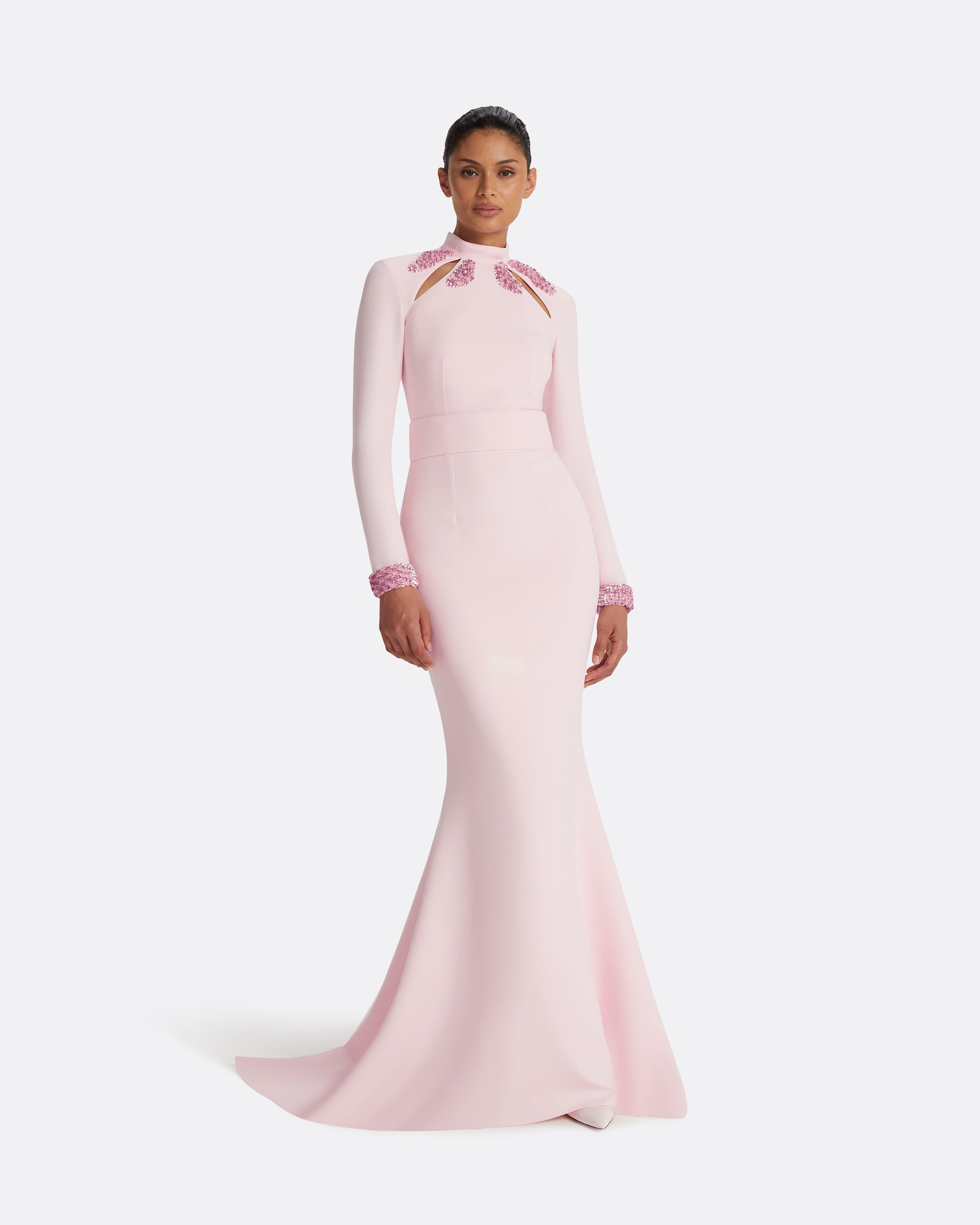 Kamala Pale Pink & Curled Leaf Embroidery Long Dress – Safiyaa London