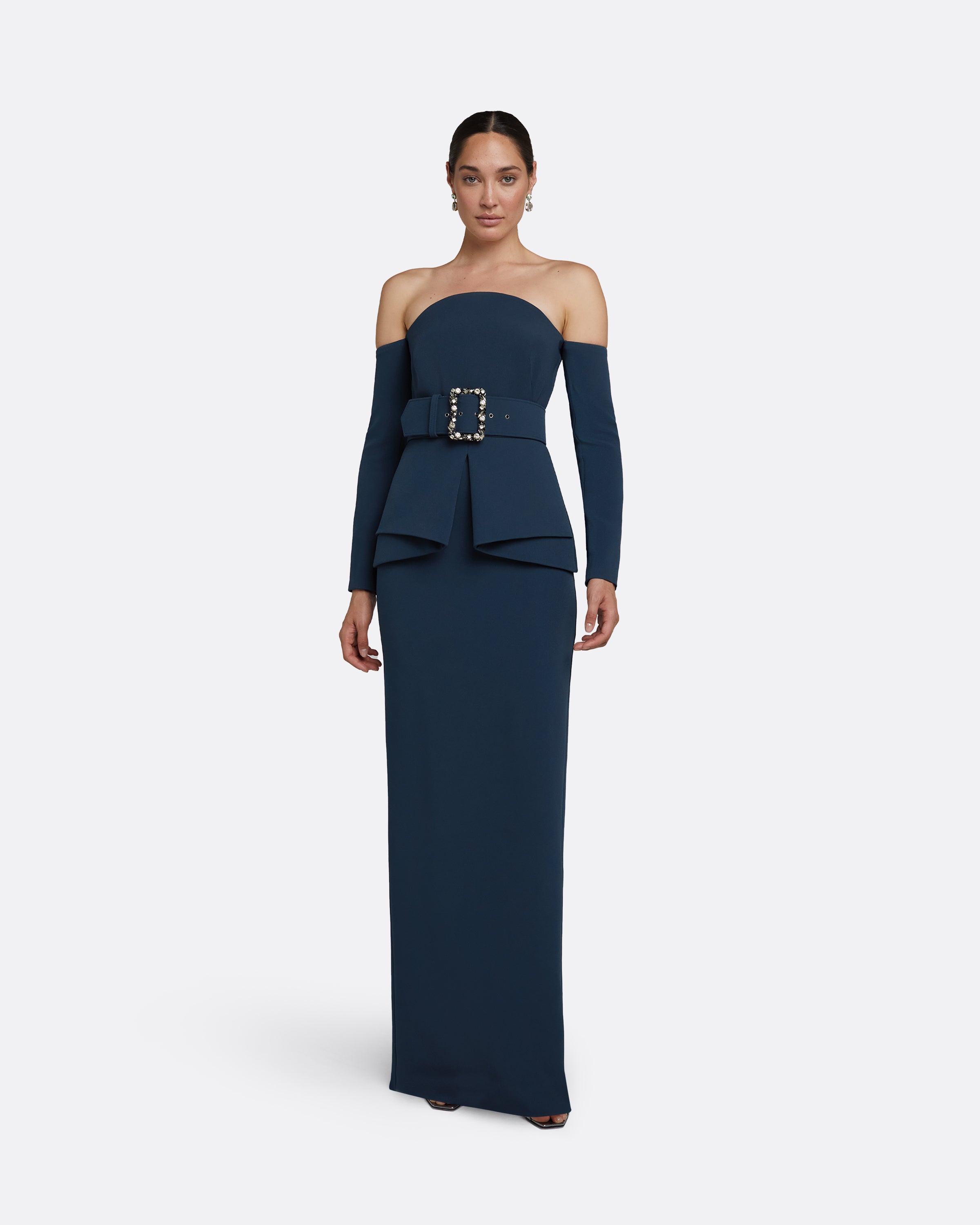 Giuliana Ink Blue Long Dress With Belt – Safiyaa London