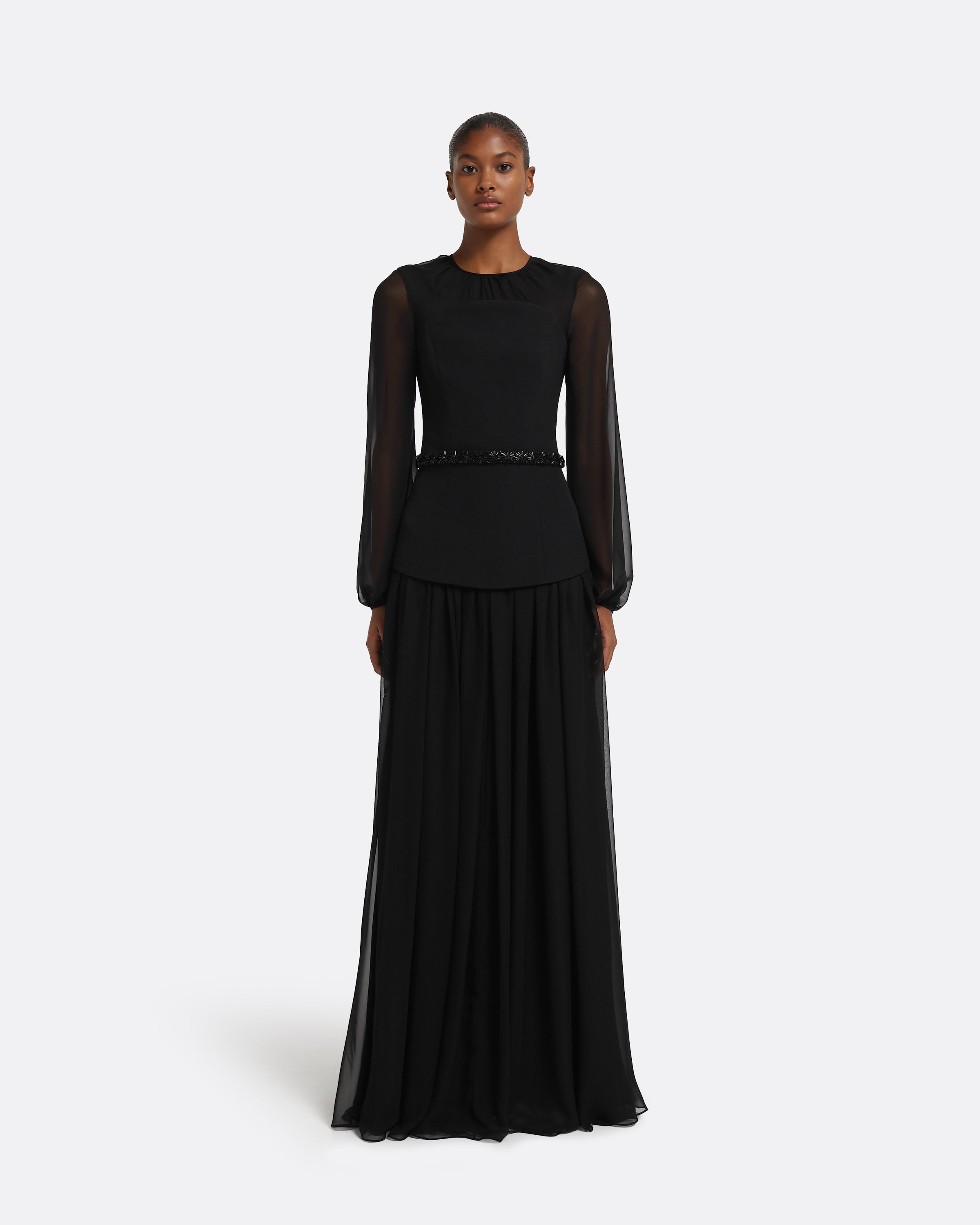 Finley Long Dress in Black & Embellished Belt – Safiyaa London