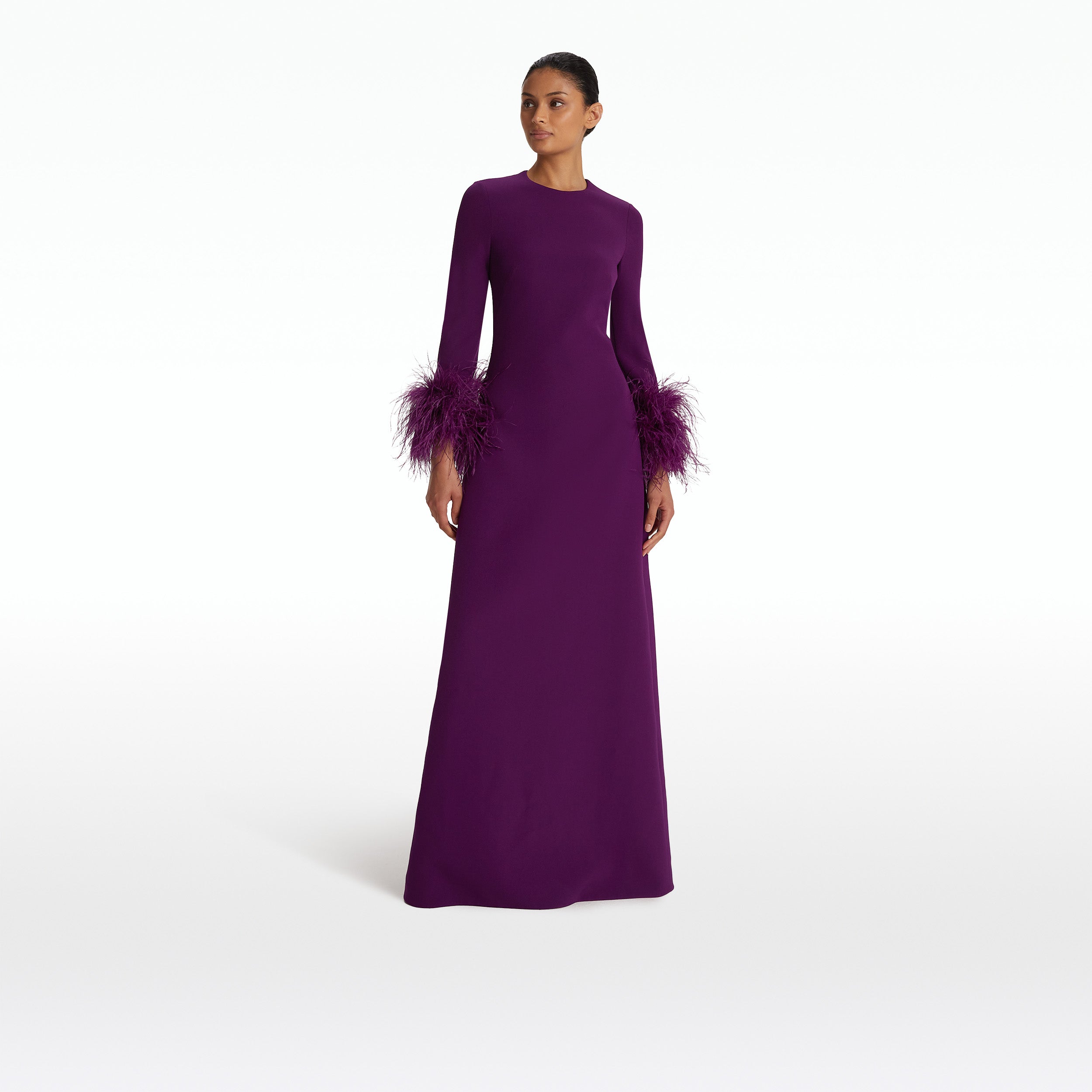 Renalla Currant Feather-Trimmed Long Dress – Safiyaa London
