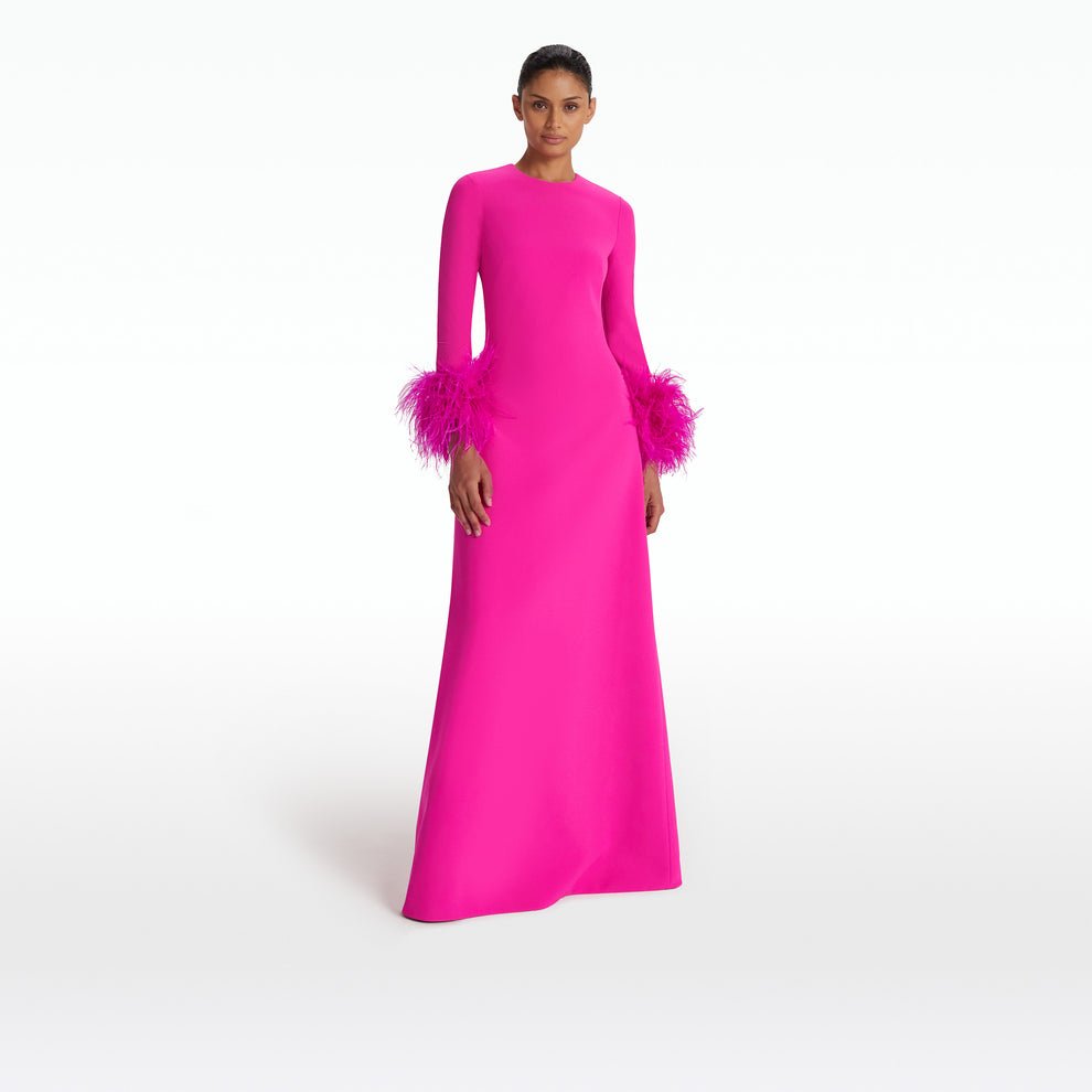 Renalla Wild Strawberry Feather-Trimmed Long Dress – Safiyaa London